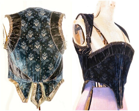 Antique Victorian Corset Bodice 1870s Floral Velvet Corset