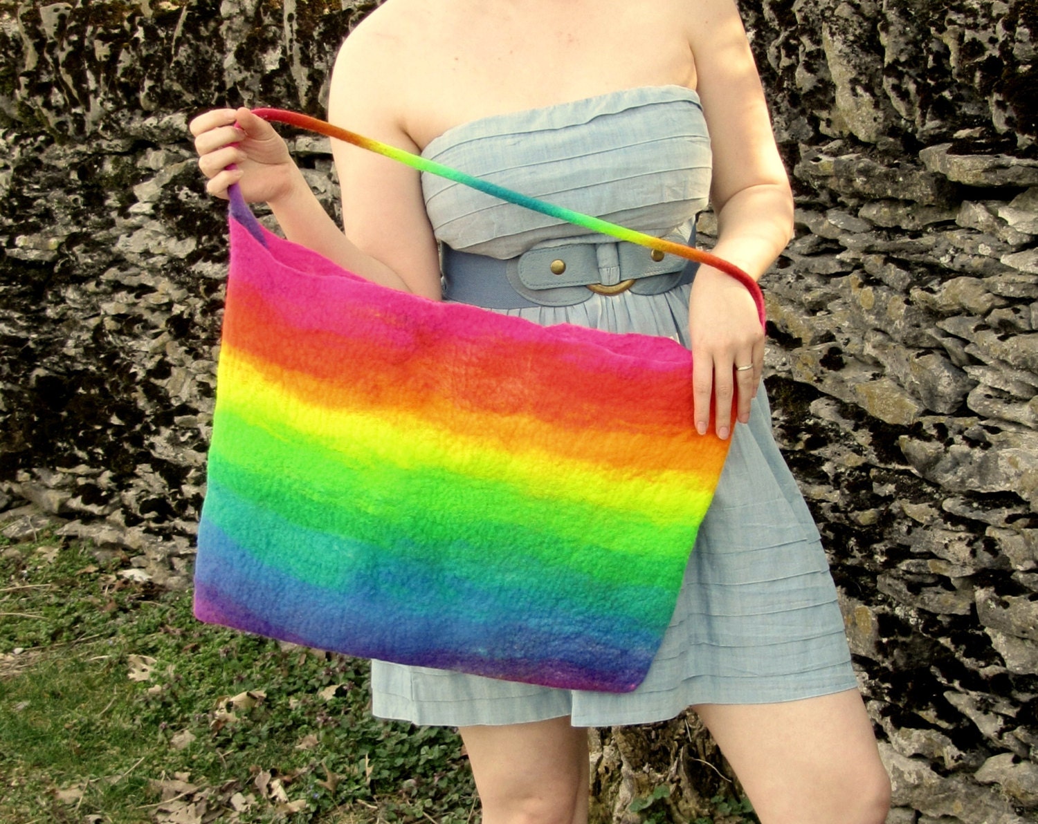 Bag. Rainbow Bag. Wet Felted Bag. Handmade Hand Felted Tote.