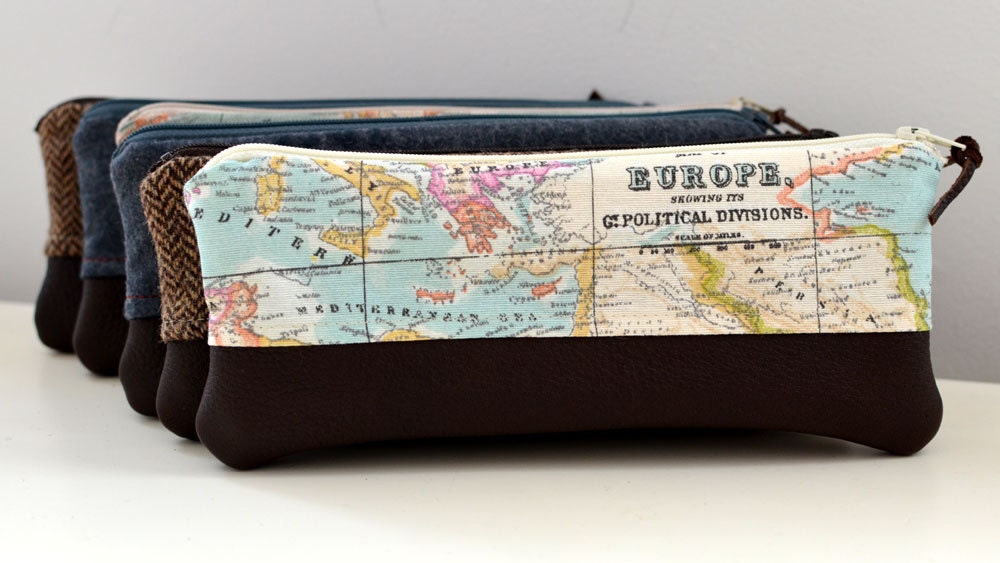 Pencil Case in World Map mens zipper pouch leather bag