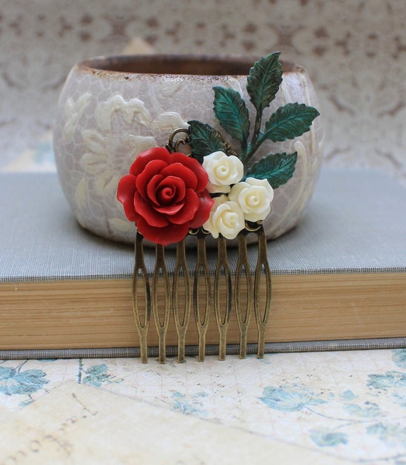 Bridal Hair Comb Deep Red Rose Hair Comb Flower Hair Comb