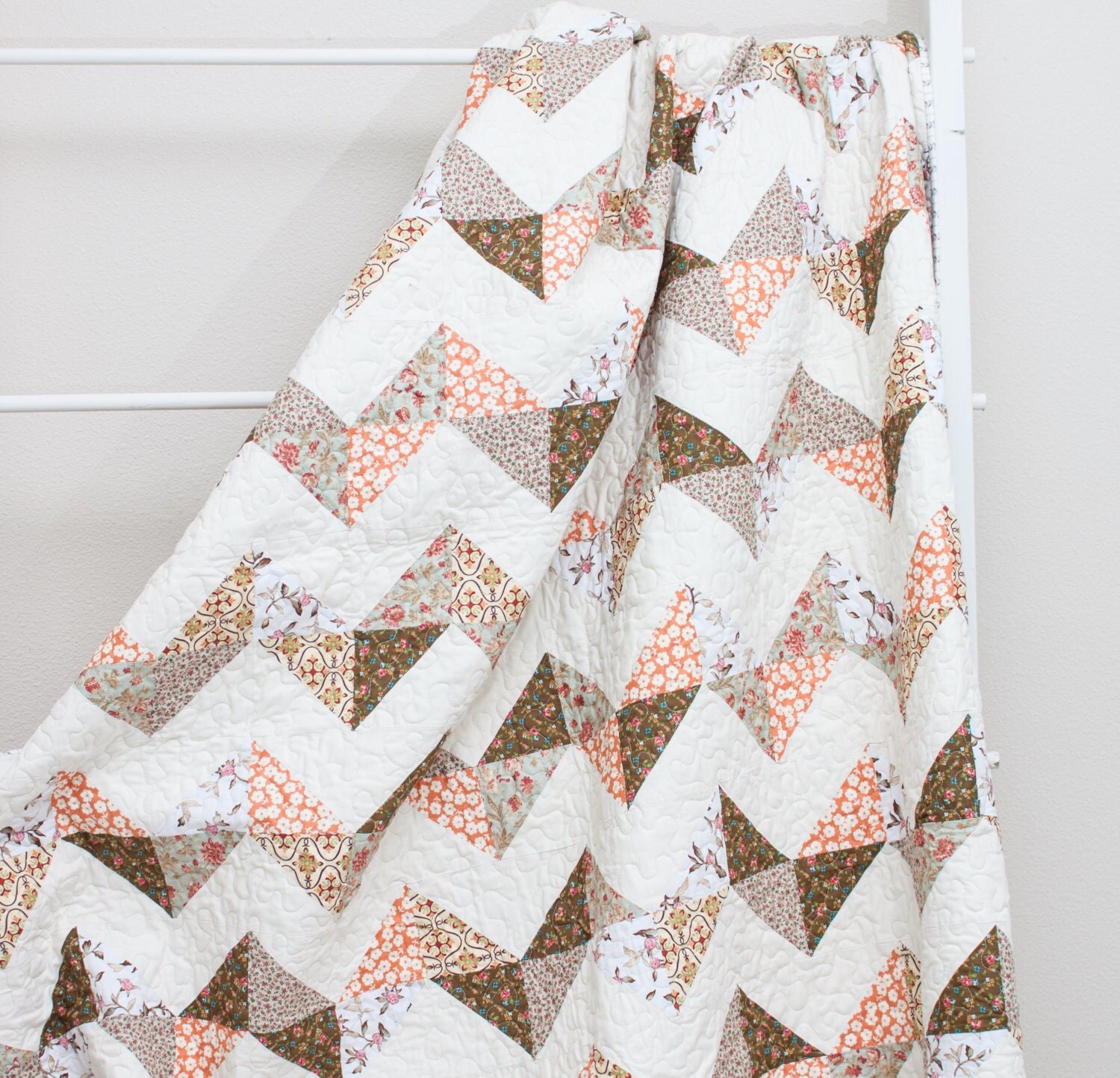 Soft Floral Earth Tone Chevron Handmade Quilt 73 x