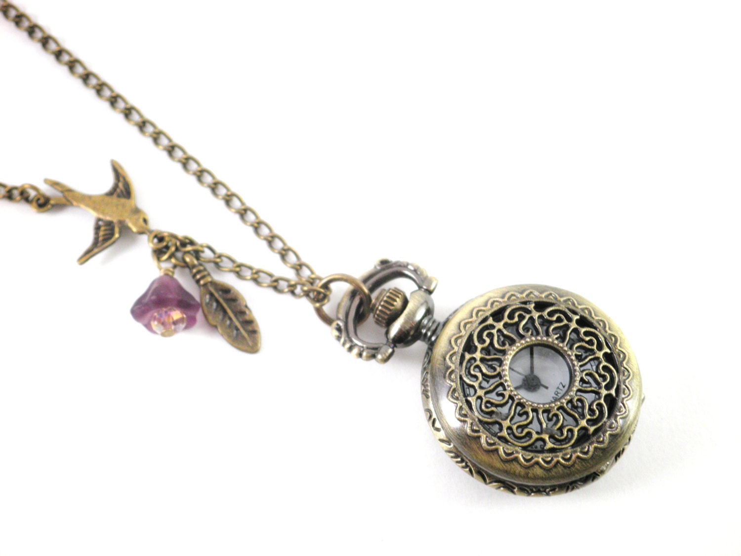 Watch Locket Clock Necklace Antique Brass Bird Purple Baby