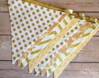 Fabric Pennant Banner. Peach and Gold Polka Dot Chevron Bunting Banner ...