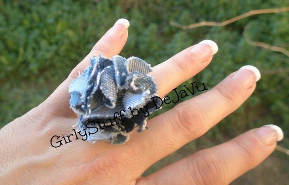 Denim Jean Fabric Flower Ring handmade by GirlyStuffByDeJaVu