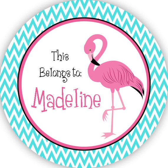 Flamingo Personalized Name Label Stickers Turquoise Chevron