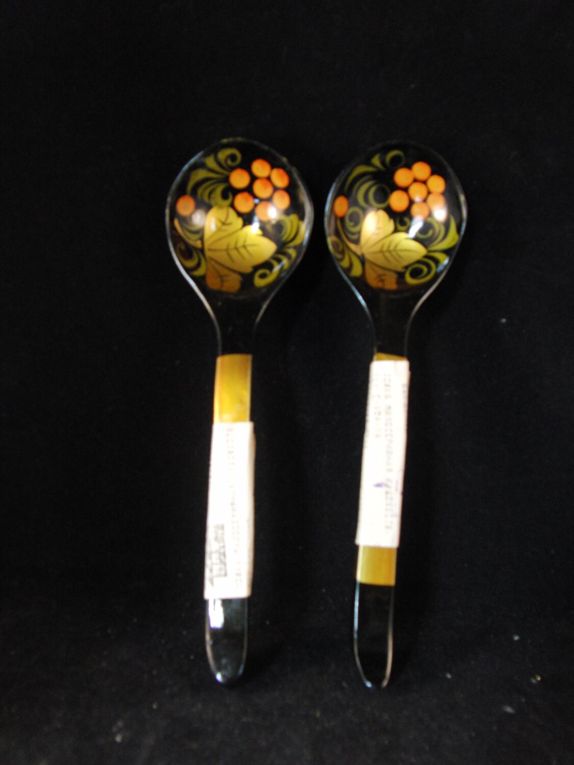 Vintage Russian hand painted wooden spoons black and gold (set of 2 ...