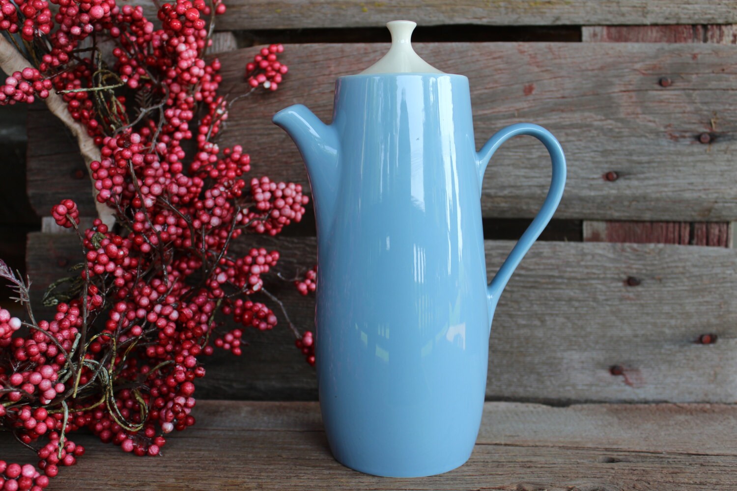 Mid century modern porcelain light blue and white colored coffee pot ...