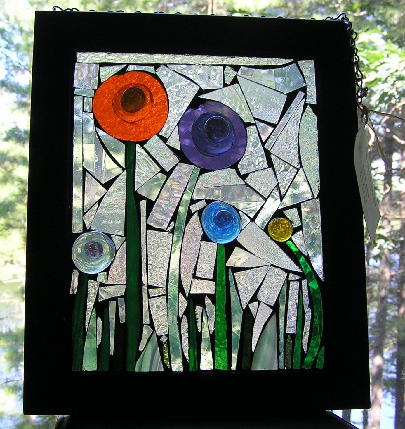 Abstract Flowers Stained Glass On Glass Up Cycled Picture