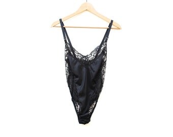 Black Lace High Cut Teddy - 80s Black Flower Lace Nyon Stretch Bodysuit ...