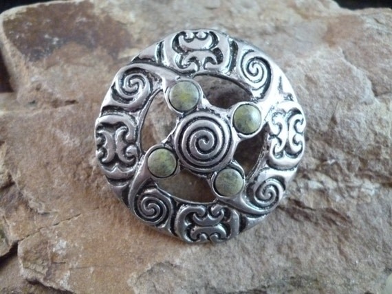 Vintage Connemara Marble Irish Celtic Pewter PJC Brooch