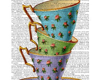 Three vintage teacups - tea cup print, coffee cup print, kitchen print ...