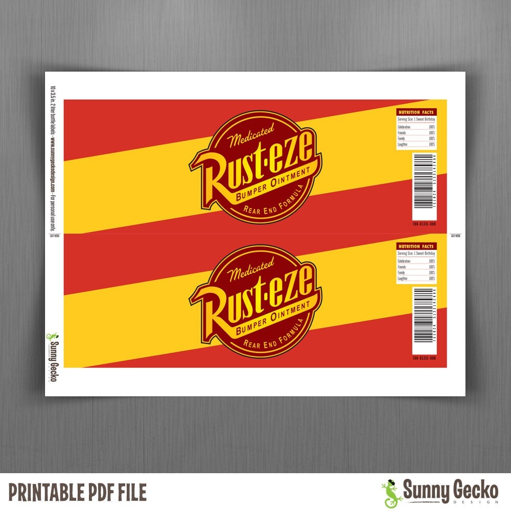 Disney Cars Rust-Eze 2 Liter Birthday Bottle Labels Instant