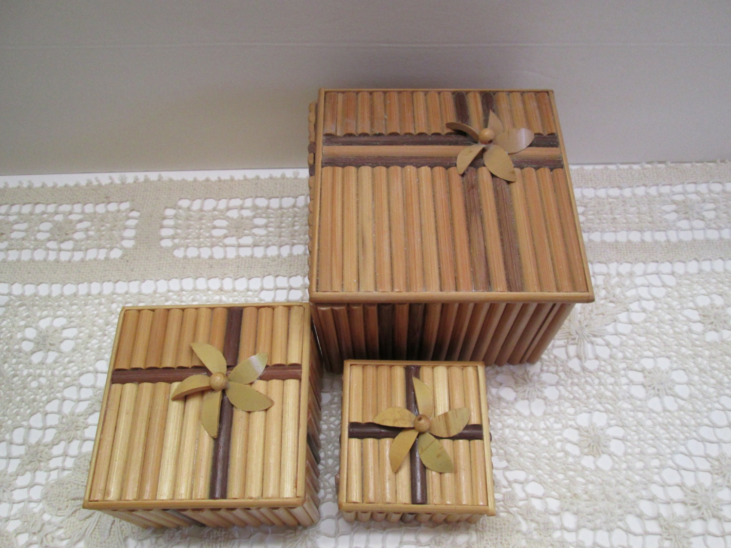Set of three nesting bamboo boxes, decorative boxes, treasure boxes ...