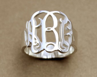 0.6 inches Sterling Silver Monogram Ring, Personalized Silver Monogram ...
