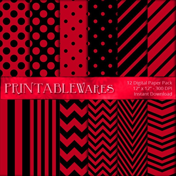 Red and Black Digital Scrapbook Paper Pack Chevron Polka Dots