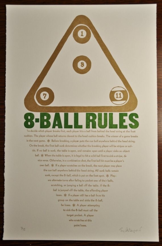 Items Similar To 8 BALL POOL RULES Letterpress Poster On Etsy
