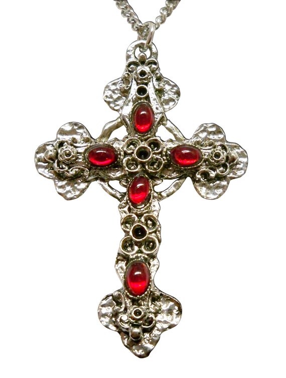 Gothic Filigree Cross Red Stones Medieval by RealMetalJewelry