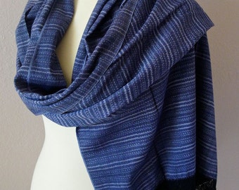 Mexican Rebozo Ikat traditional Grey/Blue - patterned fringe - 64" x 26 ...