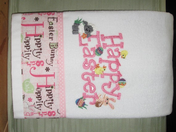 Handmade embroidered Happy Easter hand towel by OJustSayIt on Etsy