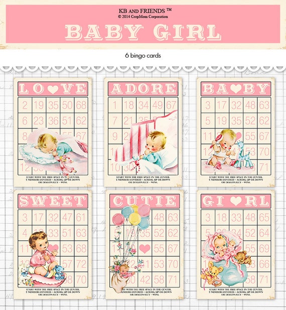 Digital Vintage Style Baby Girl Bingo Cards Pink Retro Baby