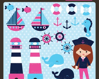Girl Nautical Clip Art / Pink Nautical Clipart / Sailor Clipart / Boat ...