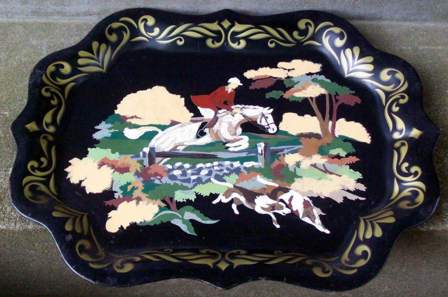 Vintage Hand Painted ENGLISH HUNT SCENE Horses Equestrian Metal Tole ...