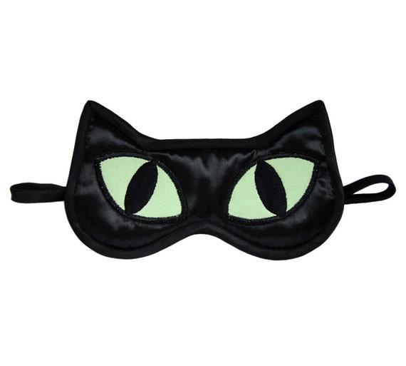 Black Cat Blindfold Animal sleep mask Black satin by PomponDesigns