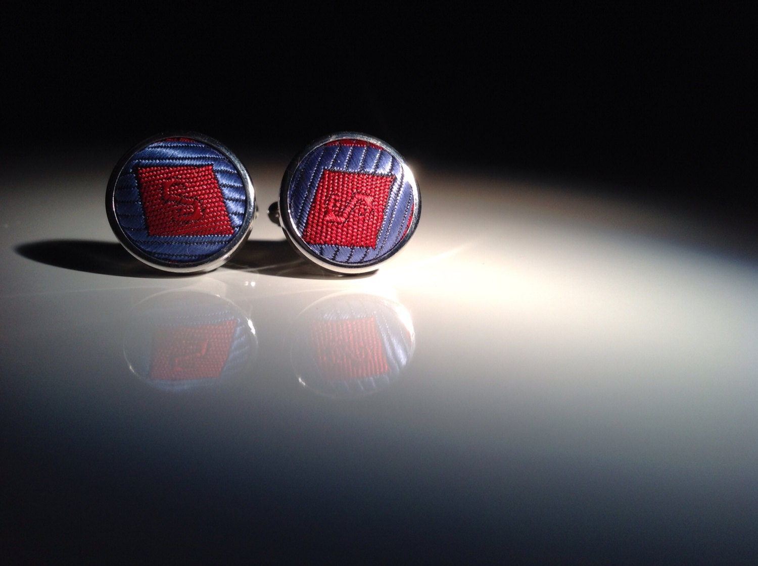 Fabric Chrome Cufflinks Blue and Red