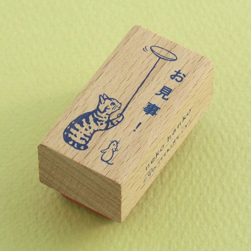 Japanese Cat Wooden Rubber Stamp Acrobatic Cat with Mice