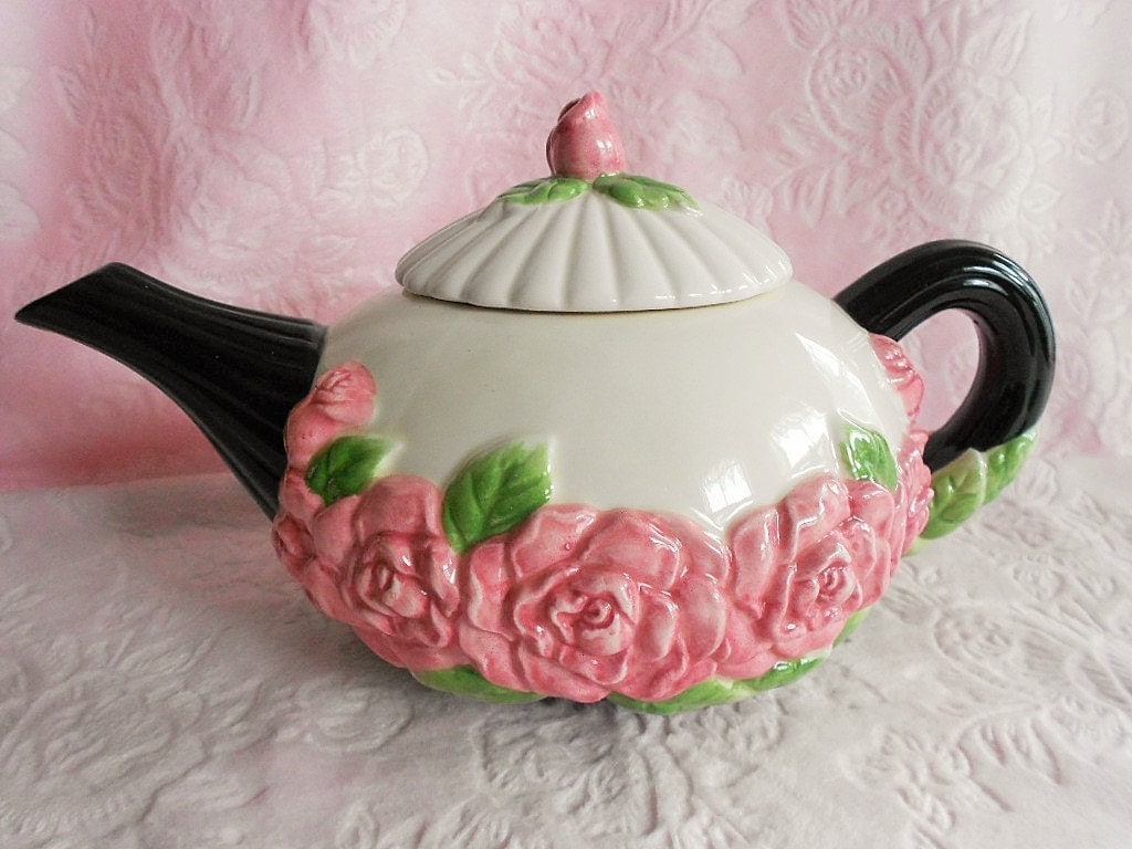 Vintage MUD PIE TEAPOT Pink Rose Black Rosebud Oval Fluted Serving ...