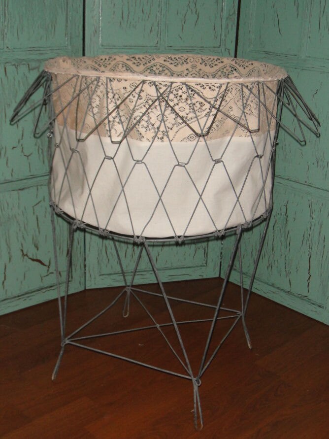 Vintage Wire Basket Laundry Cart Rare Model Collapsible Industrial ...