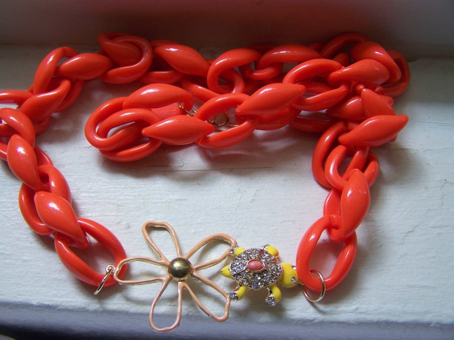 Chunky Orange Chain with Metal Flower Enamel Rhinestone Turtle Necklace ...