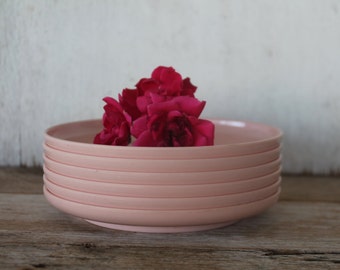 Vintage Pink Melmac Dishes, Set of 6, Aztec Melamine Dinnerware