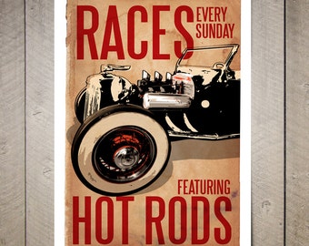 Vintage, Car, Hot Rod races, Art Print, Poster size, Auto, Man Cave ...