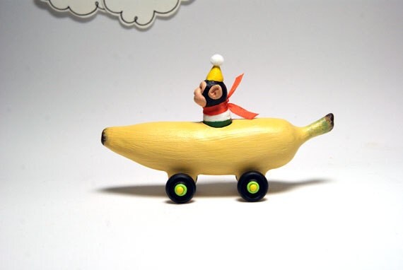 monkey in a banana car handmade OOAK miniature toy car