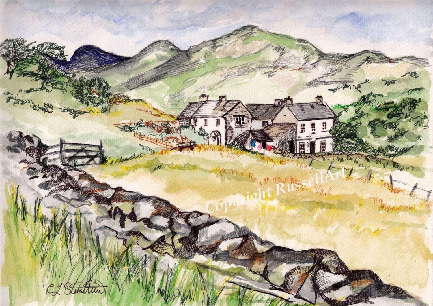 Langdale Pike Watercolor Painting Lake District English
