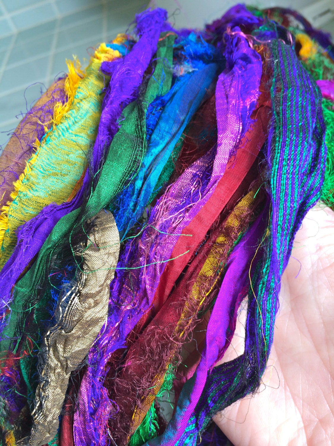 Recycled Sari Silk Ribbon Yarn Eyelash Jewelry Craft Ribbon recycled-sari-silk-ribbon-yarn-eyelash-jewelry-craft-ribbon