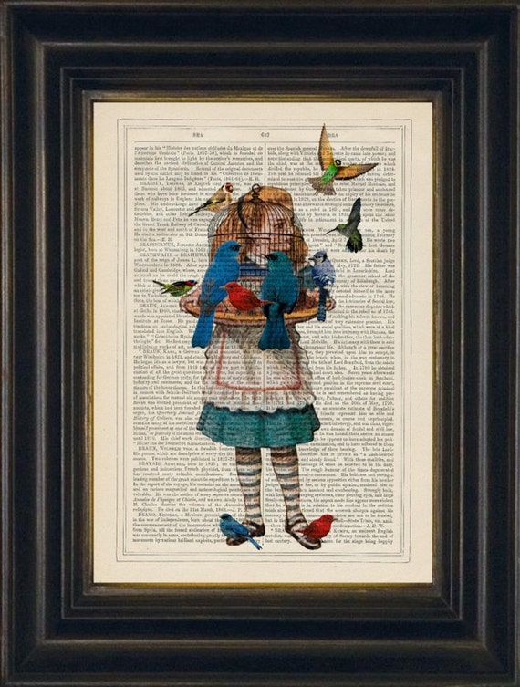 Alice With Bird Cage and Colorful Blue and Red Birds mixed