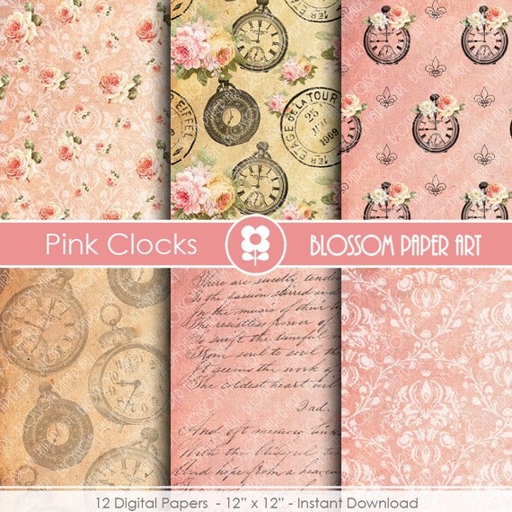 Vintage Digital Paper Clock Digital Collage by blossompaperart