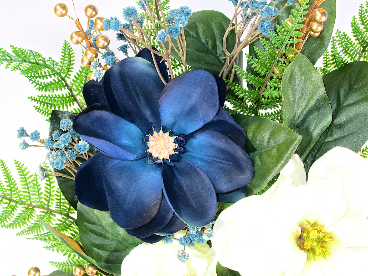 Blue and Cream Magnolia Silk Flower Arrangement in a Blue and