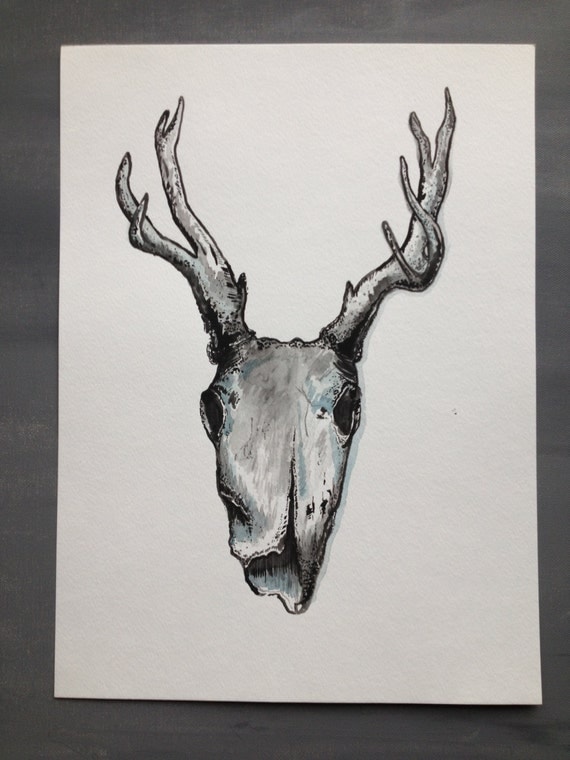 Black and White Deer Skull Tribal Art11x15 by WoodlandMeadows