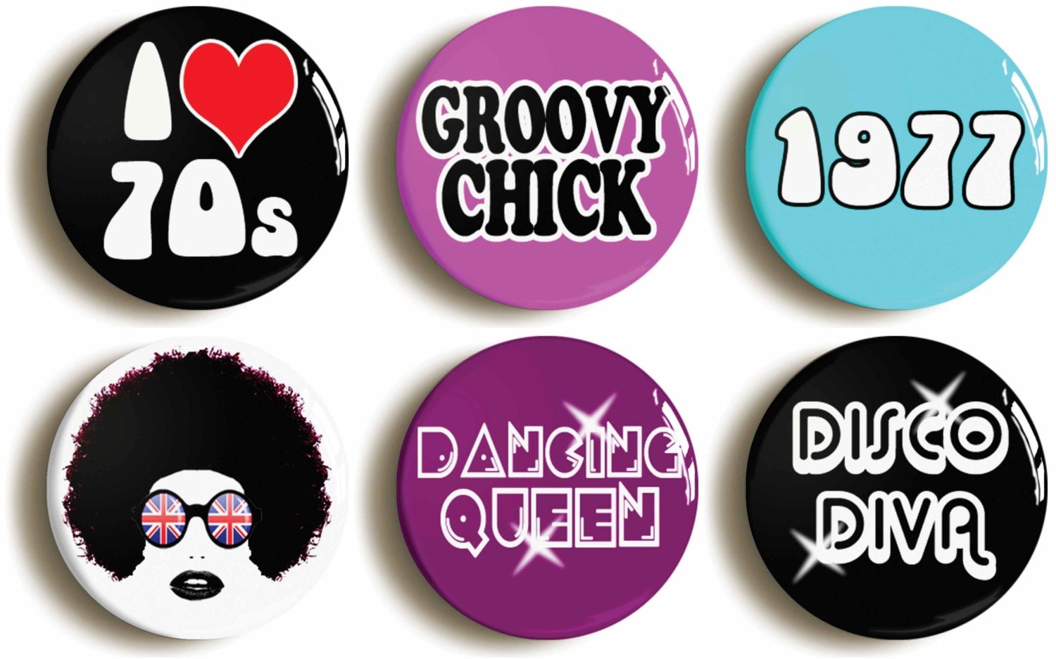 Seventies badges buttons pins. Set of six 1970s Disco Fancy Dress ...