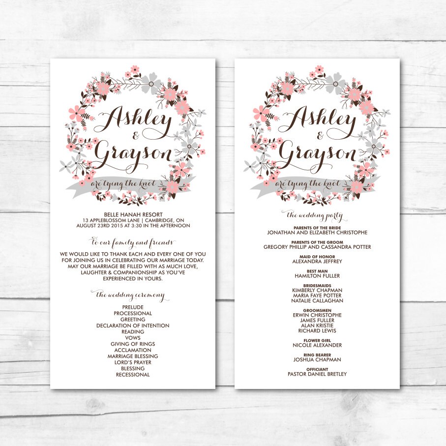 PRINTABLE Wedding Programs – Pink and Gray Flowers Wreath Printable ...