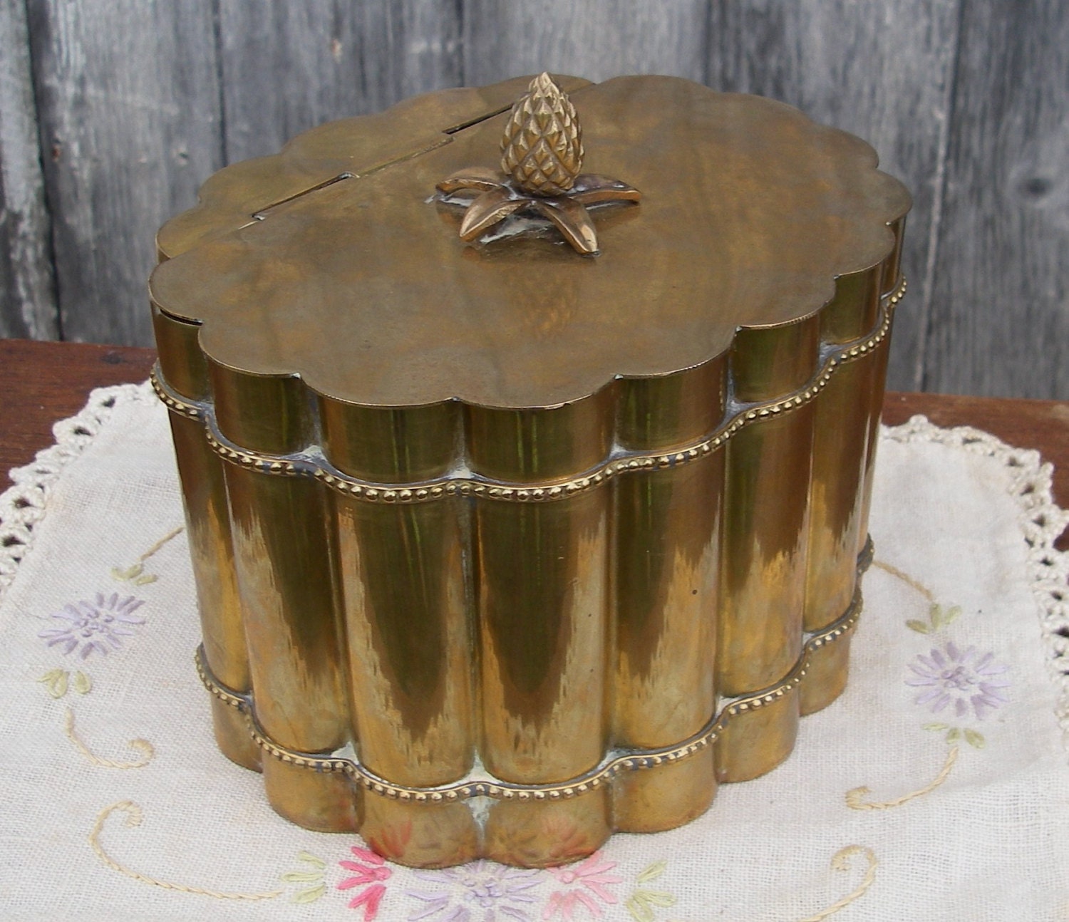 Vintage Brass Box Oval Scalloped Edged Brass Box With Pineapple Finial ...