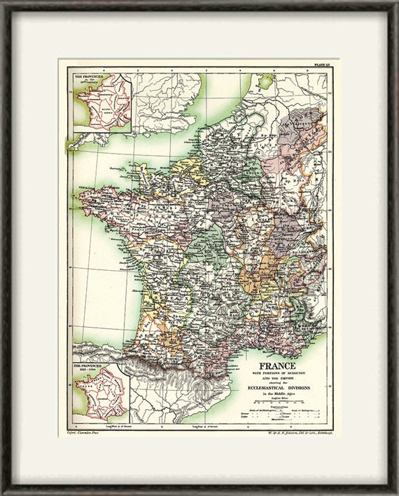 France map print map vintage old maps Antique prints poster