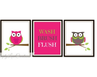 Owl Bathroom Art Prints - Set of 3 Prints - Wash, Flush and Brush ...