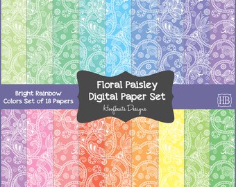Set of 18 Digital Papers Floral Paisley Paper Bright Colors - Printable ...