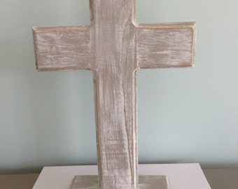 Rustic wood cross on stand, distressed weathered bronze