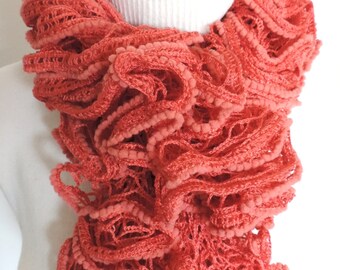 SALE ! Salmon color scarf, ruffled knitted scarf, ruffled yarn, hand ...