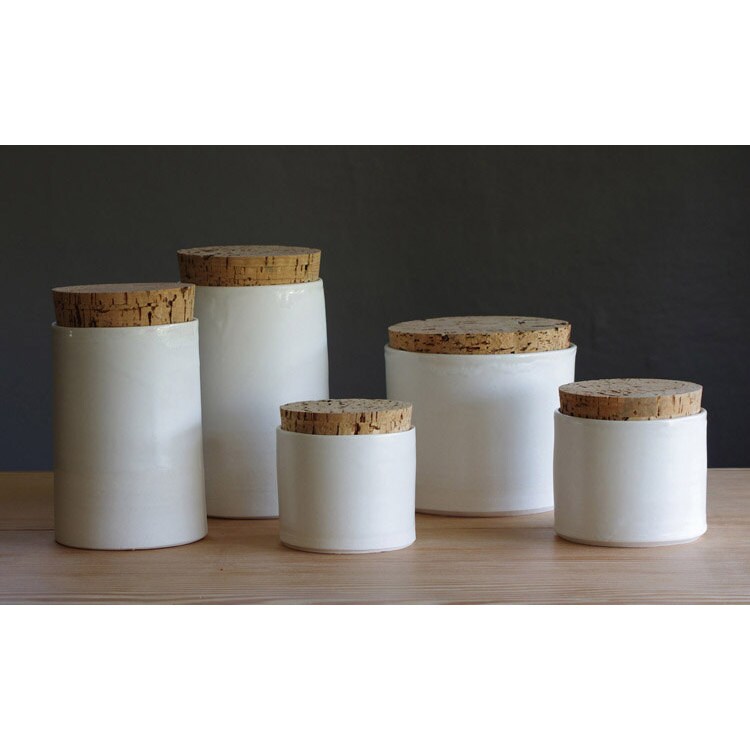 set of 5 porcelain containers. white porcelain ceramic corked jar ...